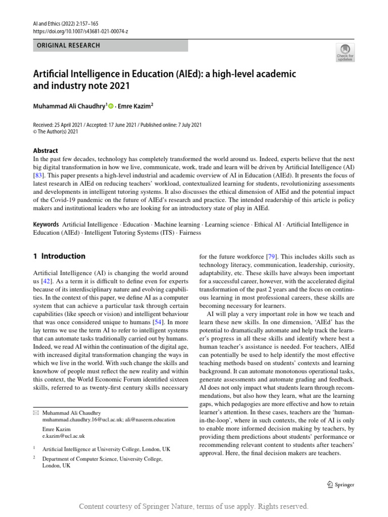 Artificial Intelligence in Education AIEd A High-L | PDF | Artificial Intelligence ...