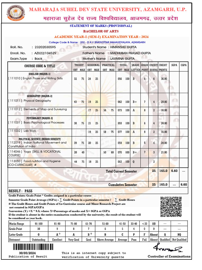BA 1st Year Semester 1 Marks Statement | PDF