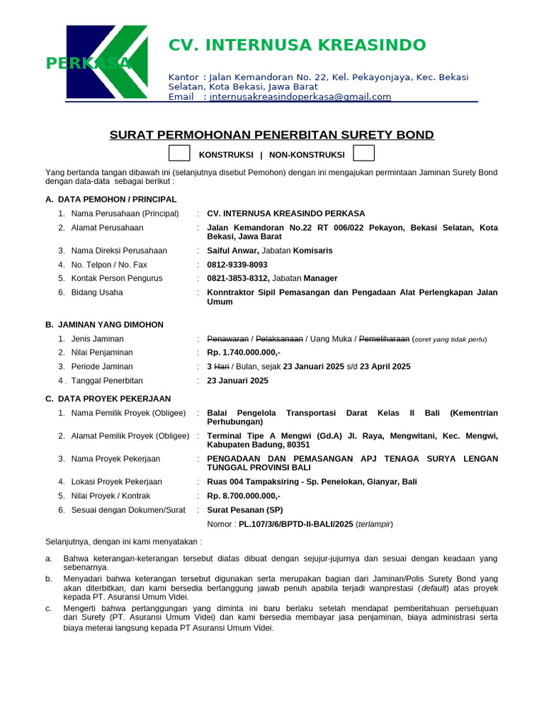 Surat Permohonan Surety Bond | PDF