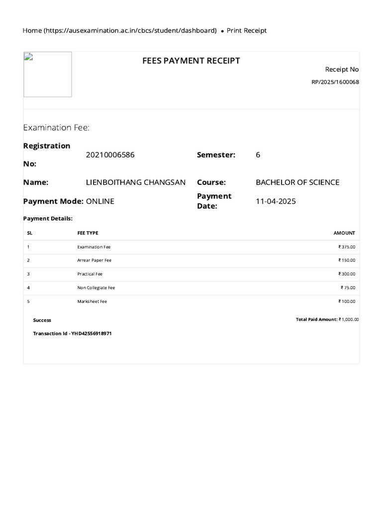 B.Sc Exam Fees Payment Receipt | PDF