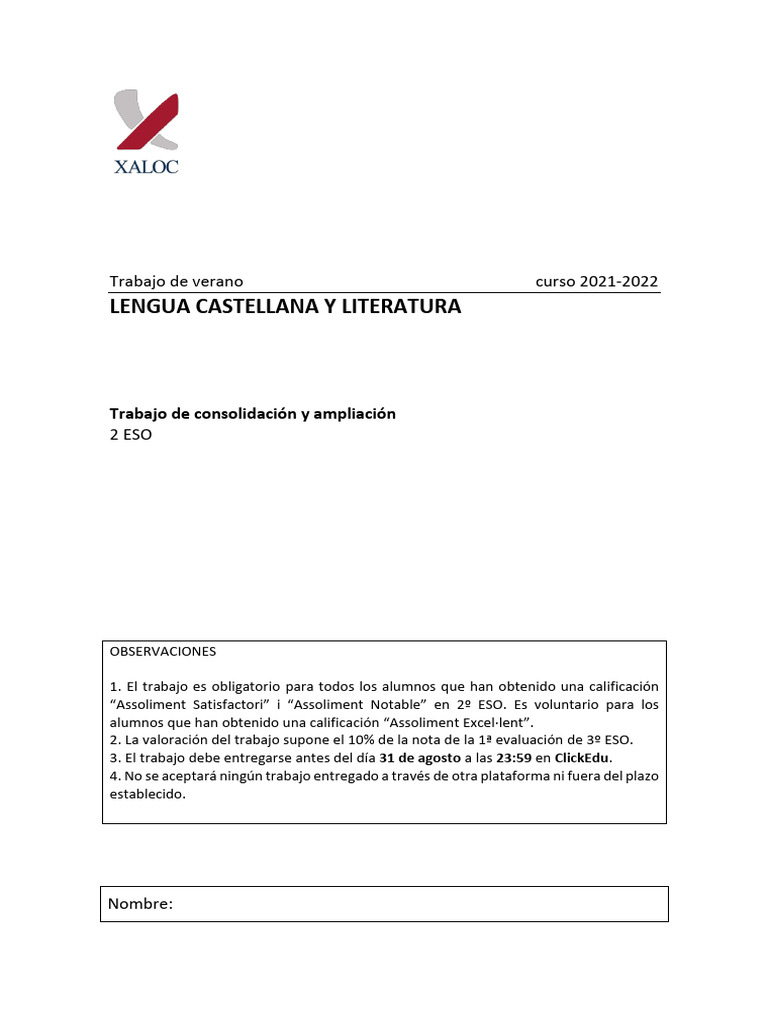 6201 20220629 Ejercicio Deberes de Verano 2 ESO Castellano | PDF | Bilbo Baggins