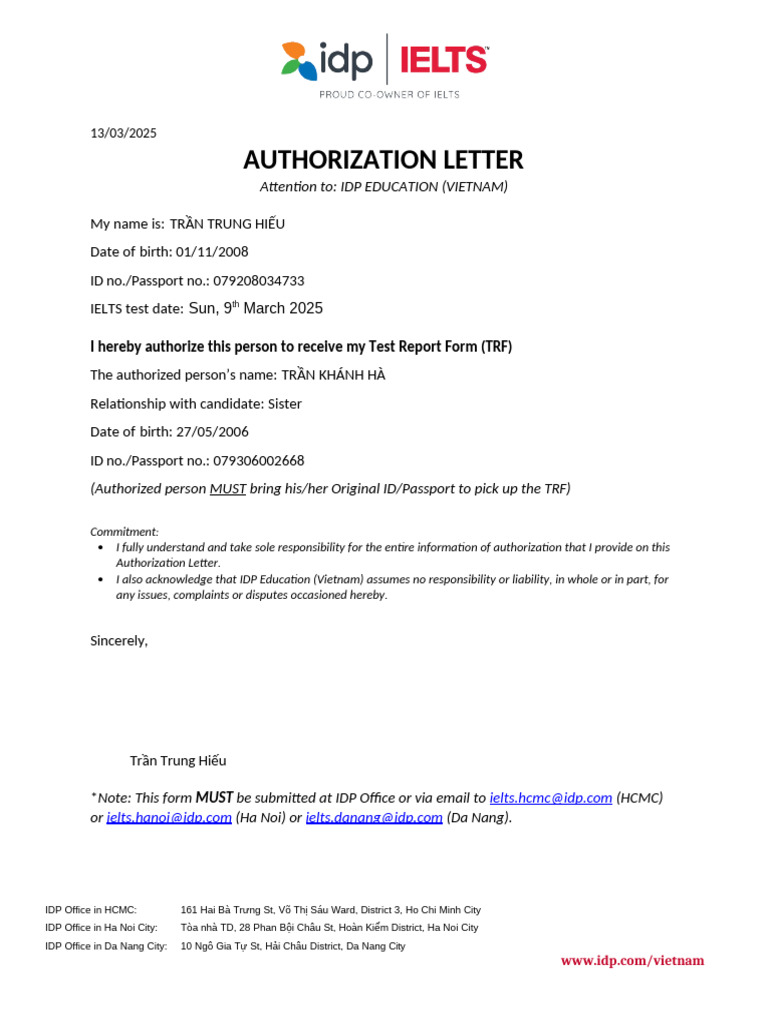 Authorization Letter To Receive IELTS Results | PDF