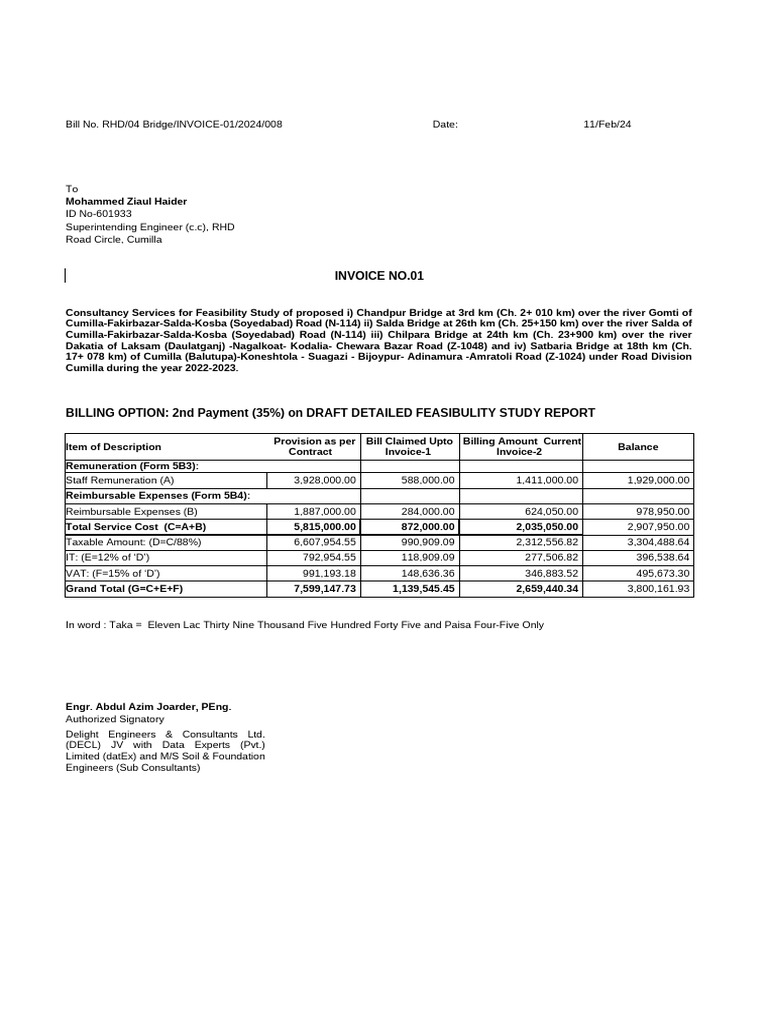 04 Bridge Project Bill_Invoice-02 | PDF | Per Diem | Value Added Tax
