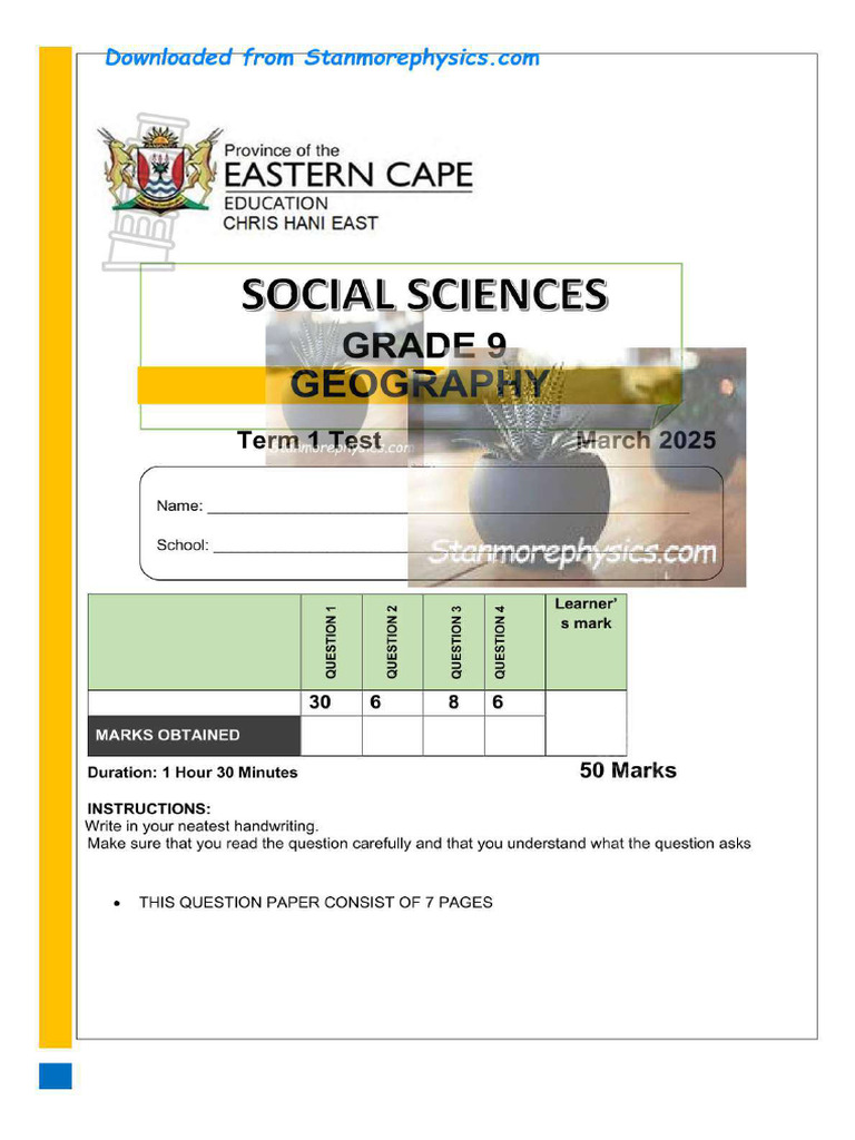 EC CHE Social Science Geography Grade 9 March 2025 QP and Memo | PDF