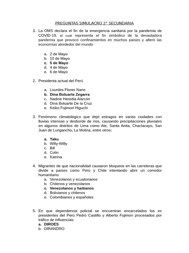 PREGUNTAS SIMULACRO 2sec sanddra | PDF