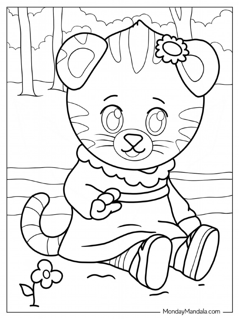 Cute Margaret Tiger Sitting On Grass Coloring Sheet | PDF