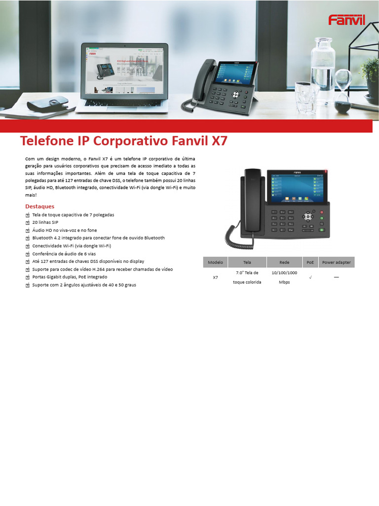Telefone IP Fanvil X7: Especificações | PDF | USB | Rede de computadores