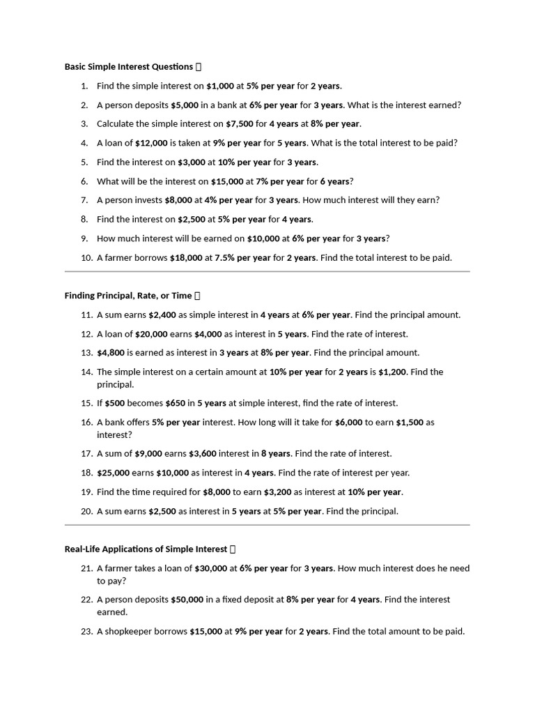 Basic Simple Interest Questions ? | PDF | Interest | Loans