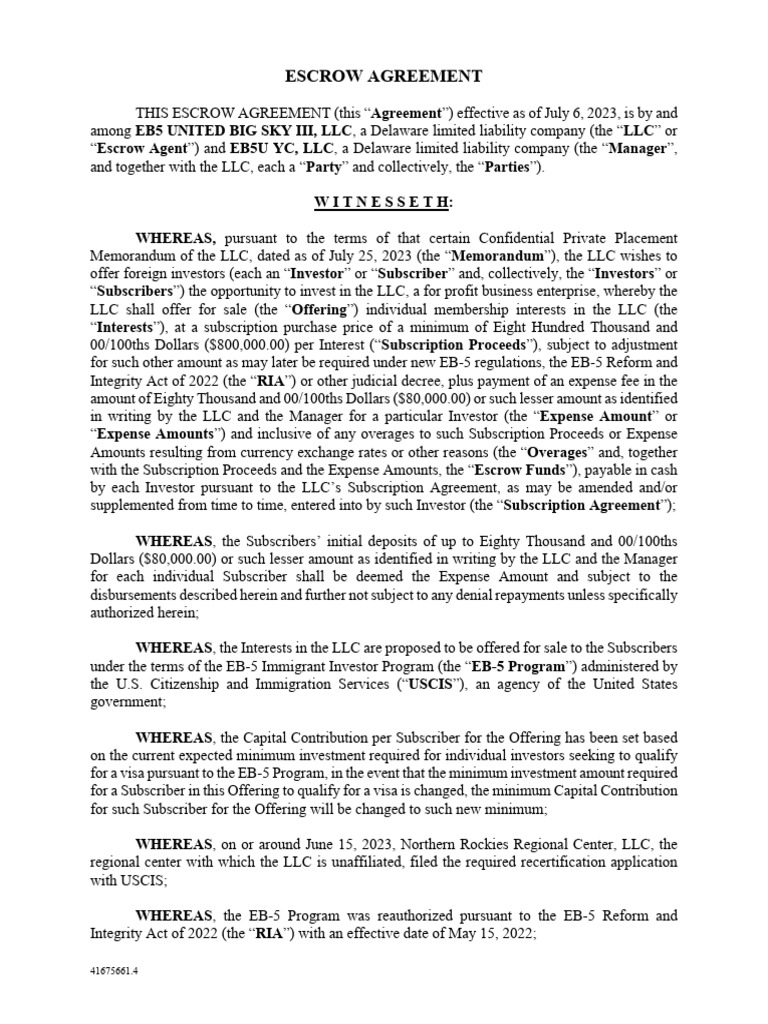 EB5 United Big Sky III LLC Escrow Agreement Signed | PDF | Office Of ...