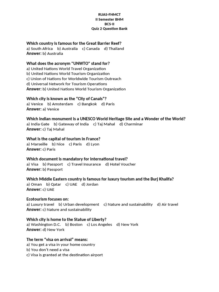 BCS-II-Question Bank for Quiz 2 | PDF | Hotel
