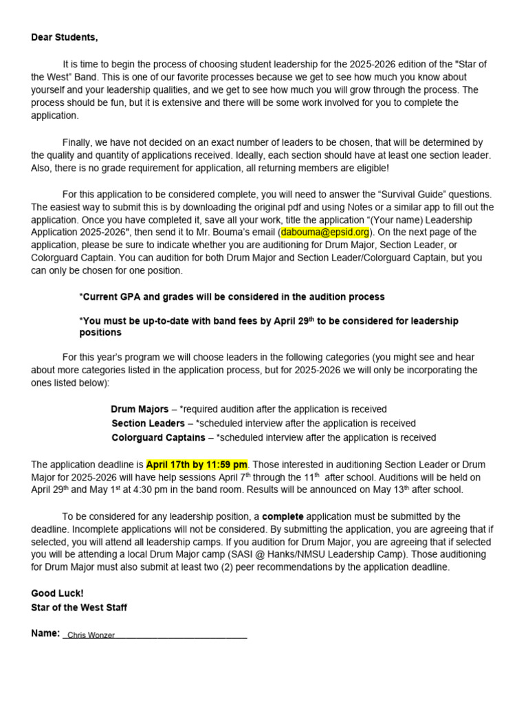 Leadership Application 2025-2026 | PDF | Leadership
