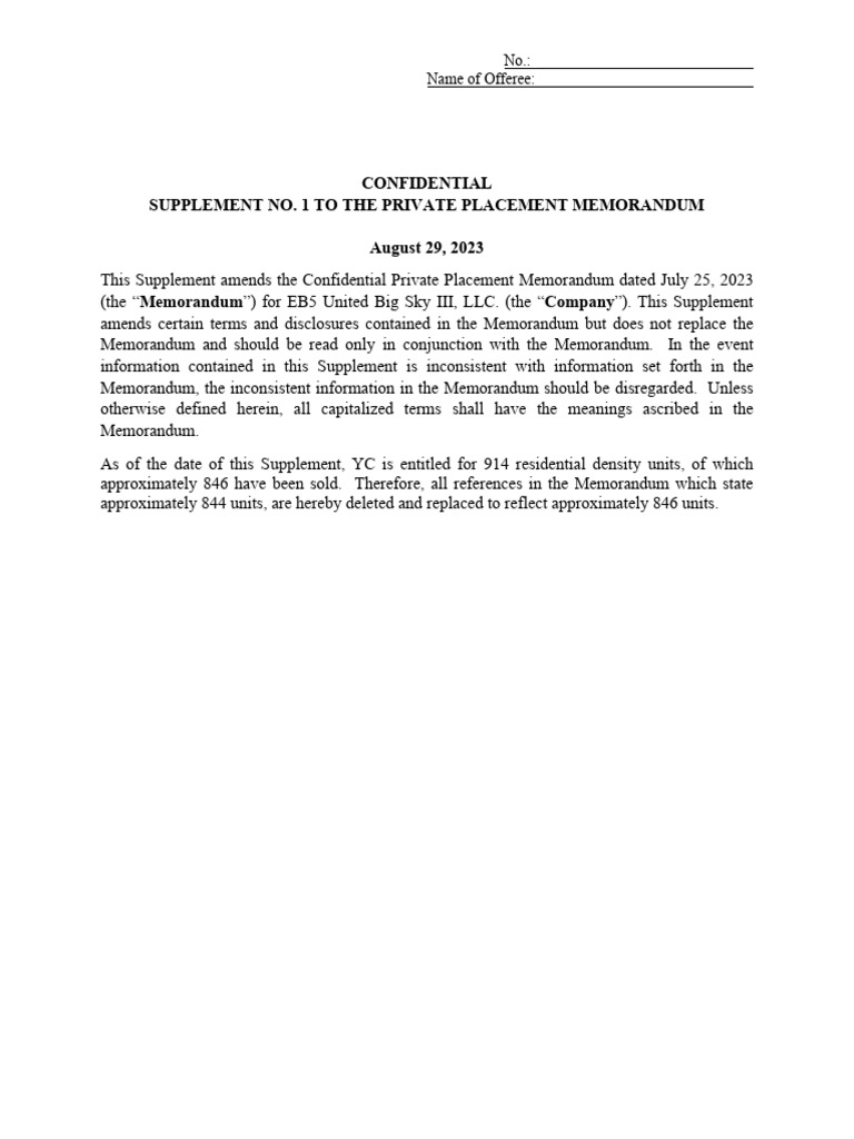 EB5 United Big Sky III Supplement No 1 PPM | PDF