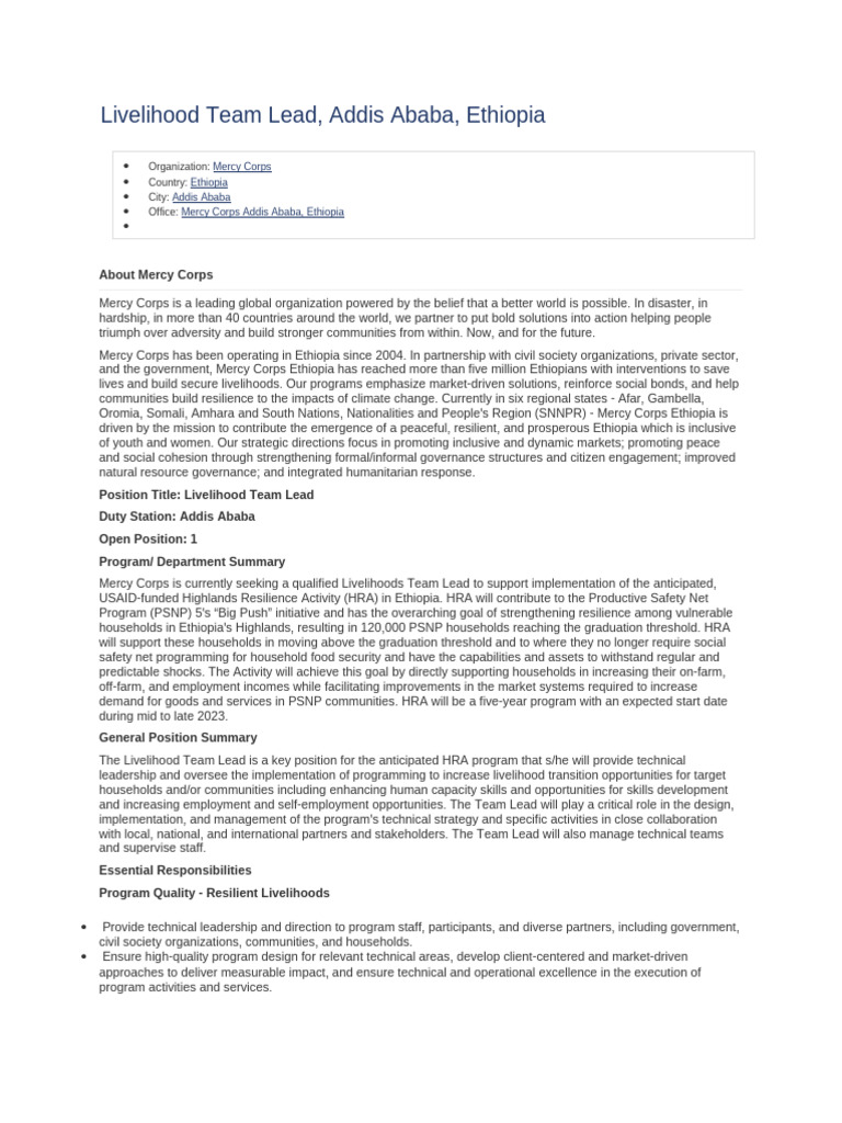 Senior Livelihood Expert | PDF | Ethiopia | Climate Resilience