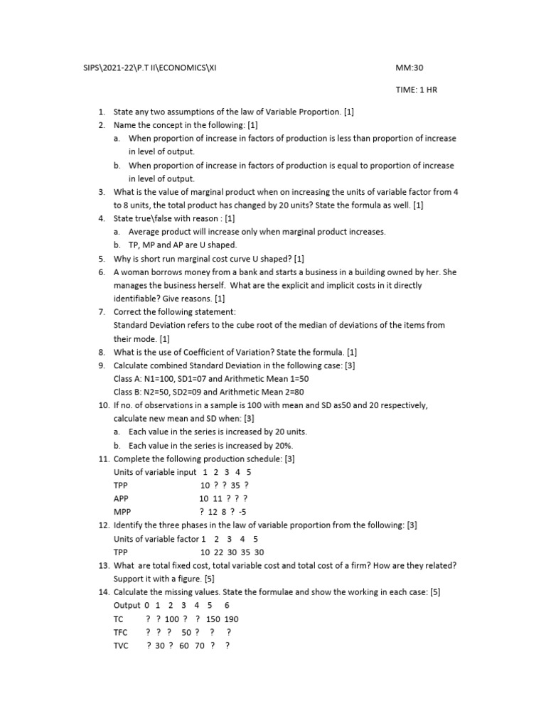 Eco Periodic Test 2 - Class XI | PDF | Standard Deviation | Mean