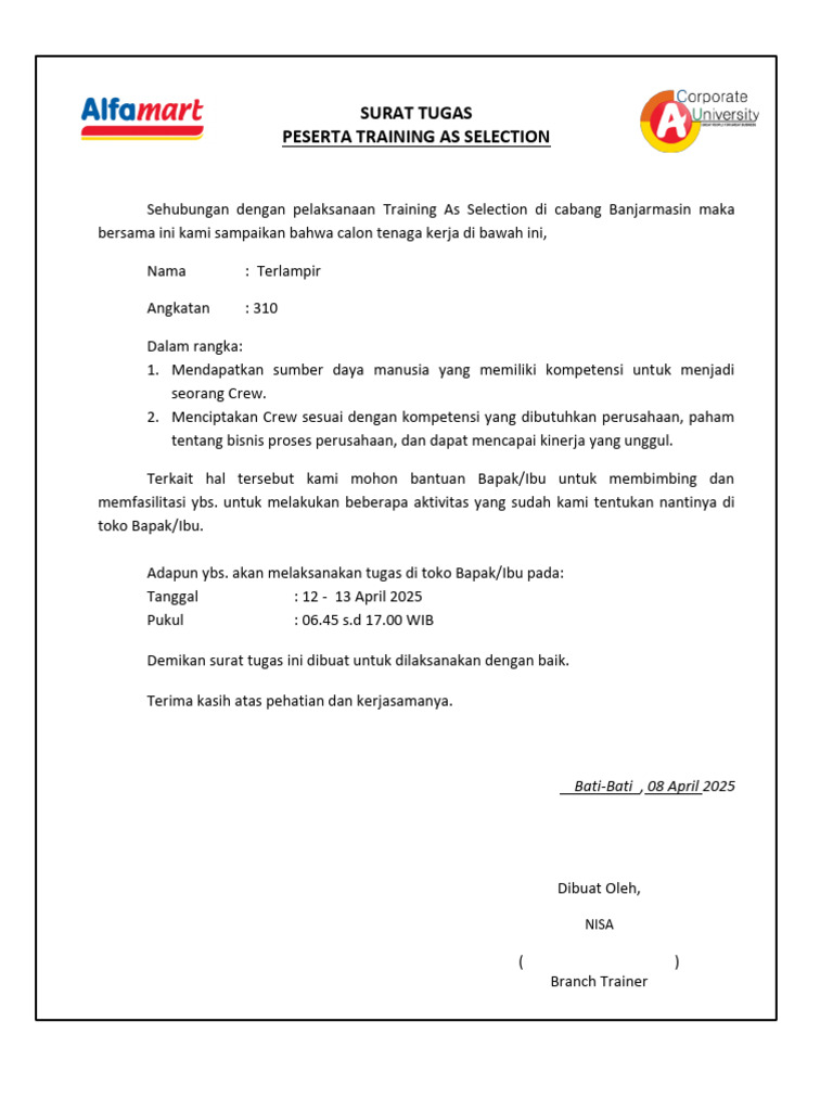 Surat Tugas Training As Selection 2025 | PDF
