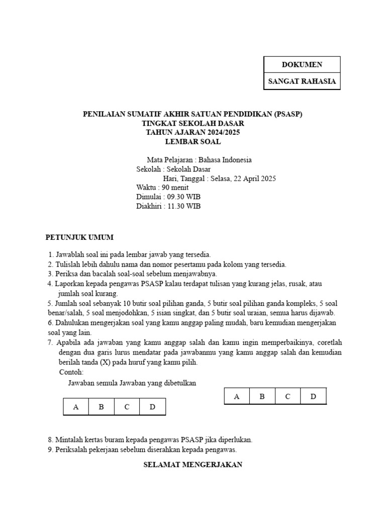 Latihan Soal - BAHASA INDONESIA - PSASP 2025 | PDF