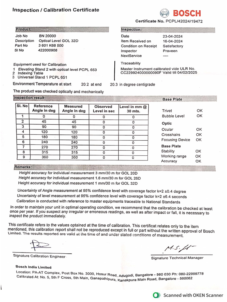Bosch Calibration Certificate | PDF