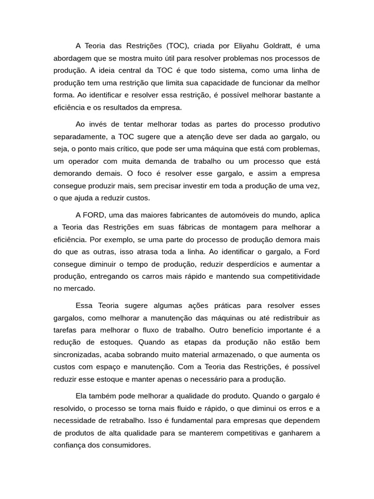 Teoria das Restrições na Produção Eficiente | PDF | Custo | Qualidade ...