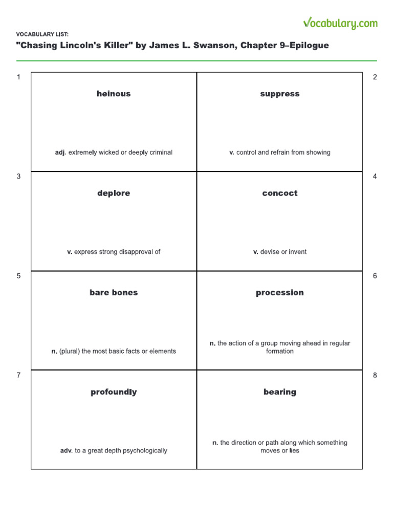 Chasing Lincoln Vocab Words Chapters 9-Epilogue | PDF