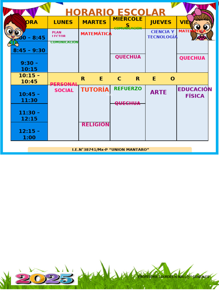 Horario Escolar I.E.N°38741 "Unión Mantaro" | PDF