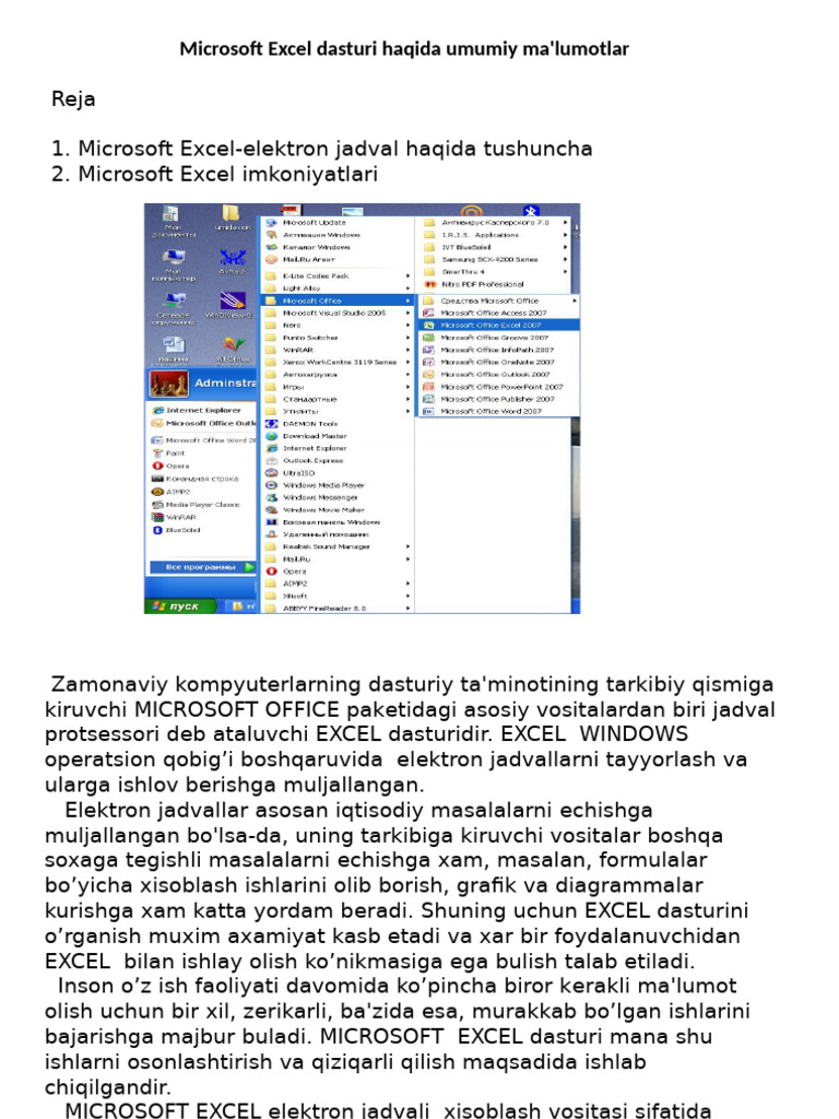microsoft-excel-dasturi-haqida-umumiy-malumotlar | PDF