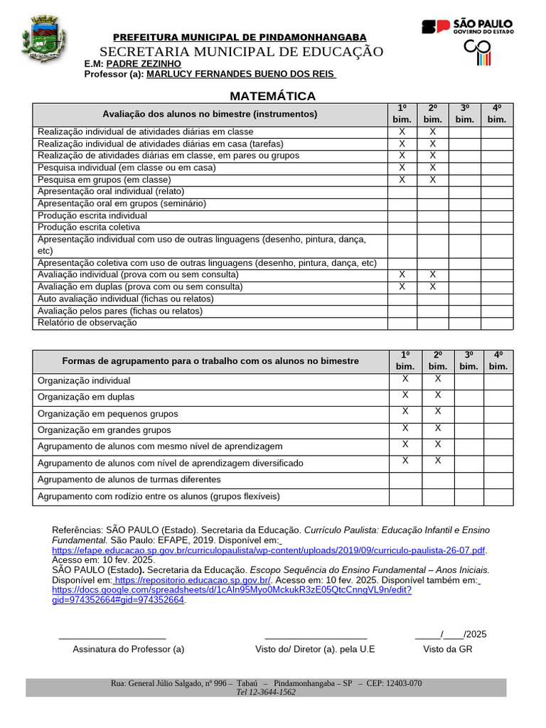 Instrumentos de avaliações MATEMÁTICA | PDF | Aprendizado