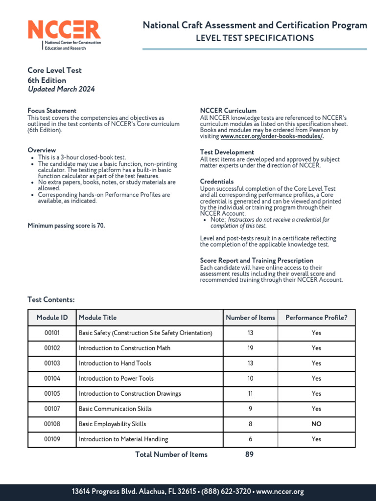 NCCER Core Curriculum Test Overview | PDF | Curriculum
