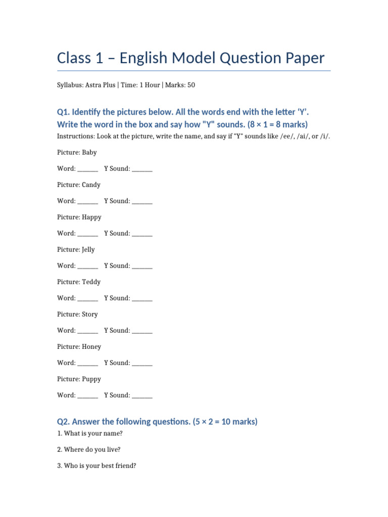 Class1 English Model Paper | PDF