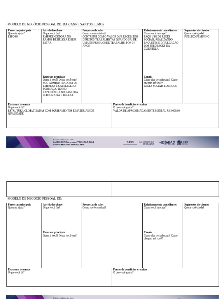 Anexo Tarefa 2 - Modelo de Negócio Pessoal - Matemática | PDF | Business | Economias
