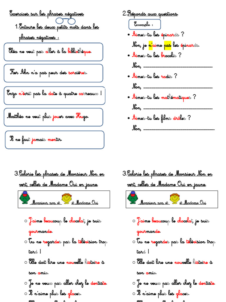 Exercices sur la phrase négative | PDF