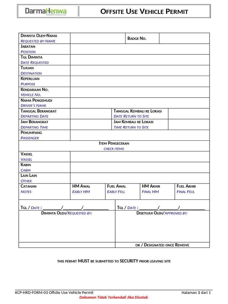 KCP-HRD-FORM-03-R0 Offsite Vehicle Use Permit | PDF