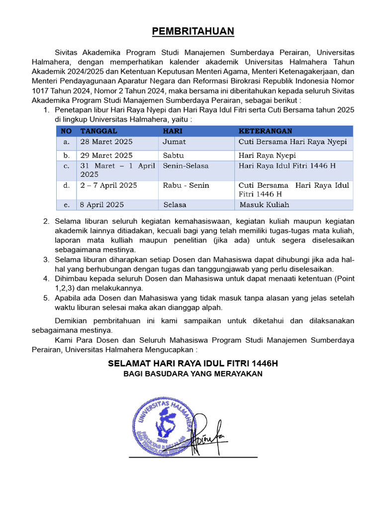 Libur Nyepi dan Idul Fitri 2025 Universitas Halmahera | PDF
