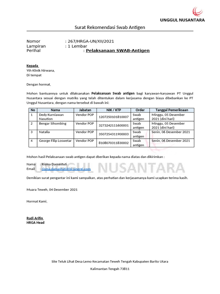 Surat Antigen - Vendor POP I | PDF