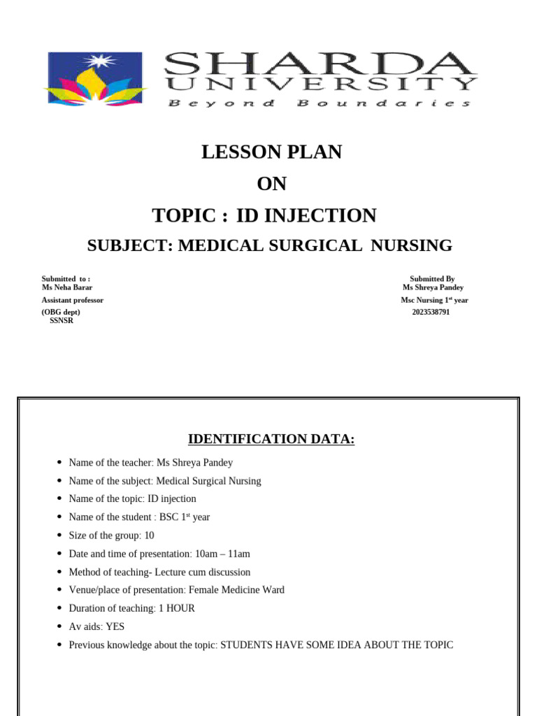Lesson Plan On ID INJECTION | PDF | Injection (Medicine) | Allergy
