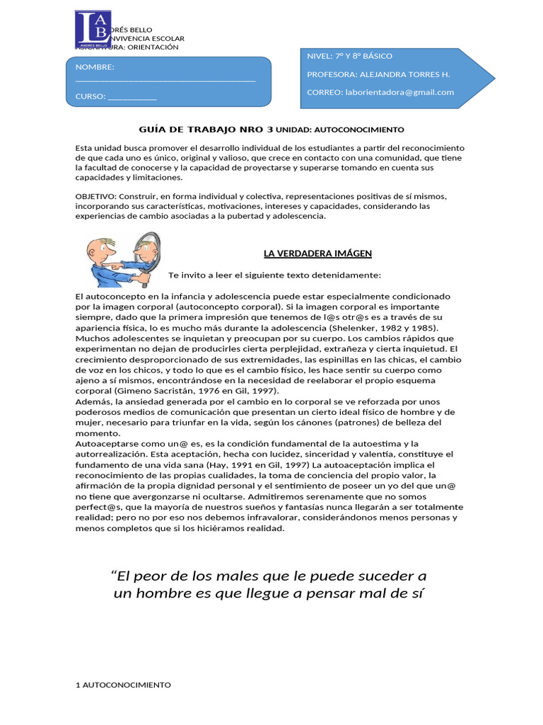 Guia Nro 3 Autoconocimiento 7 y 8 Basico | PDF | Autoestima | Adolescencia