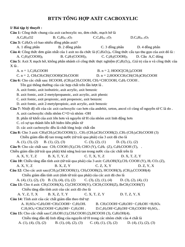 BTTN Tong Hop Axit Cacboxylic | PDF