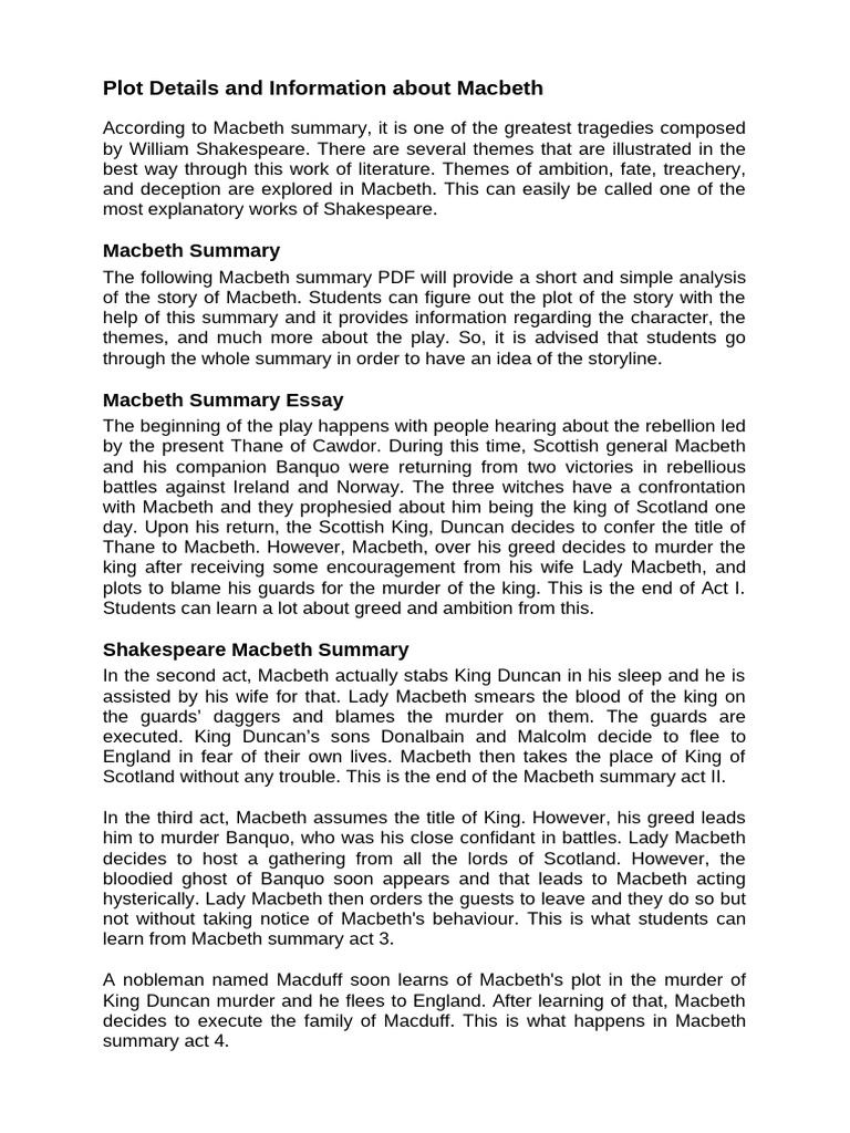 Plot Details and Information About Macbeth | PDF | Macbeth ...