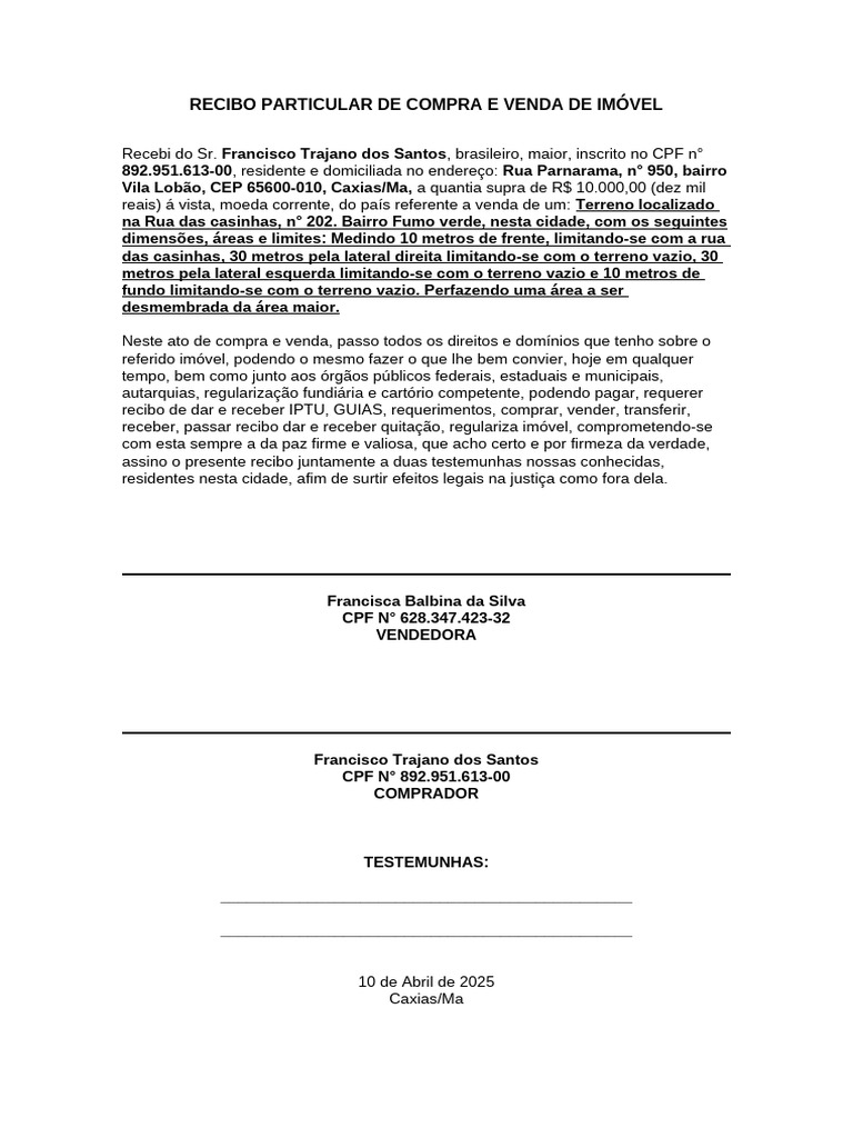 Recibo de Compra e Venda de Imóvel | PDF