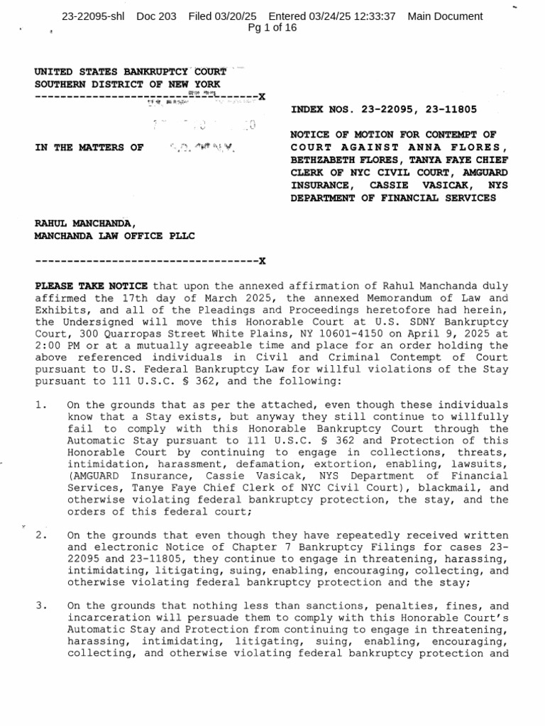 Notice of Motion For Contempt of Court Against Anna and Betzabeth ...