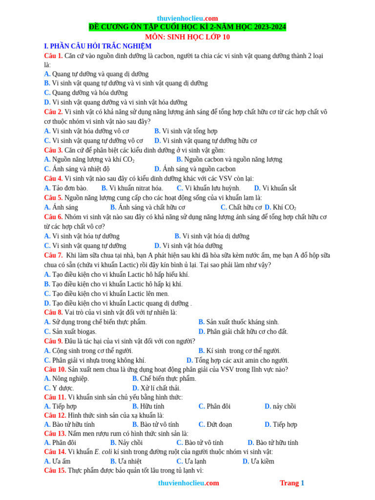 De Cuong On Tap HK 2 Sinh 10 CTST 23 24 | PDF