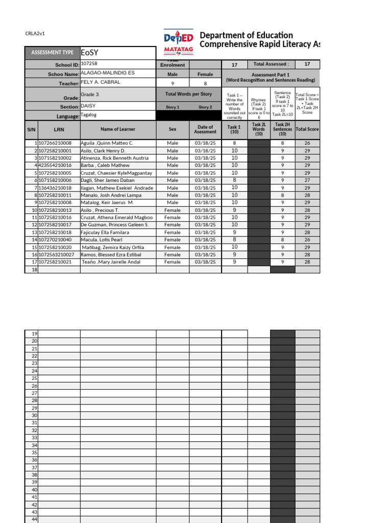 CRLA2_Grade-3TagalogScoresheet_v1-EOSY | PDF | Reading Comprehension ...