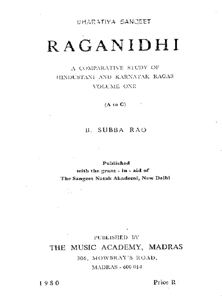 Raga Nidhi A Comparative Study of Hindustani & Karnatik Ragas Subba Rao B. Vol 1 | PDF