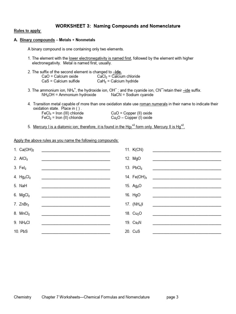 W - Chem I Nomenclature Worksheets For Review-3 - Naming Compounds ...