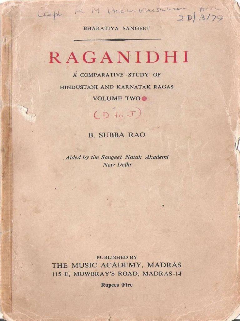 Raga Nidhi A Comparative Study of Hindustani & Karnatik Ragas Subba Rao ...