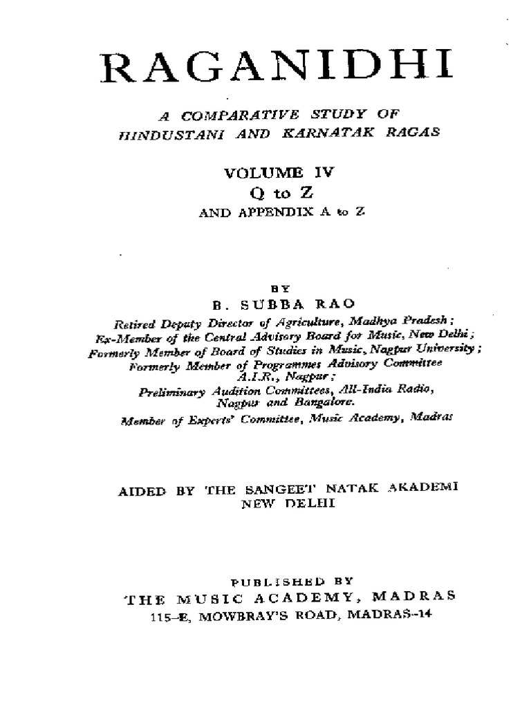 Raga Nidhi A Comparative Study of Hindustani & Karnatik Ragas Subba Rao ...