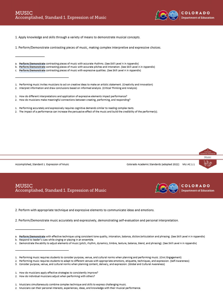 Colorado Music Standards Overview | PDF | Music Theory | Critical Thinking