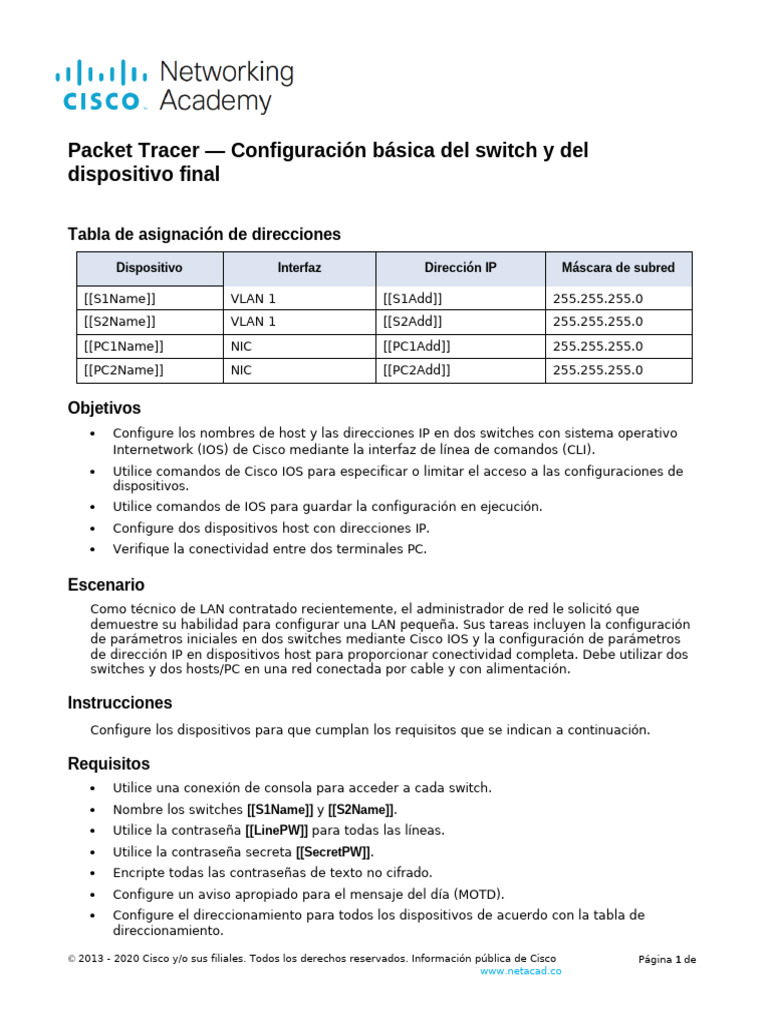 2.9.1-Packet-Tracer - Basic-Switch-And-End-Device-Configuration - es-XL | PDF | Dirección IP ...