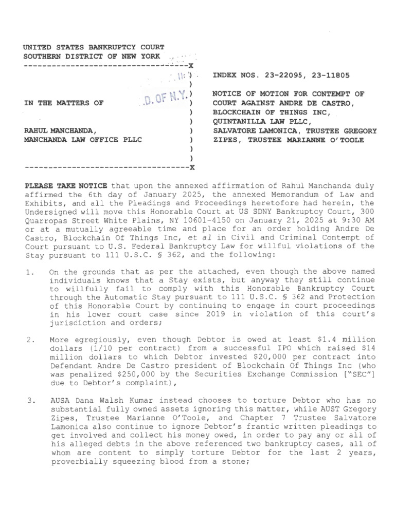 First Notice of Motion For Contempt of Court Against Andre de Castro of Blockchain of Things Et ...