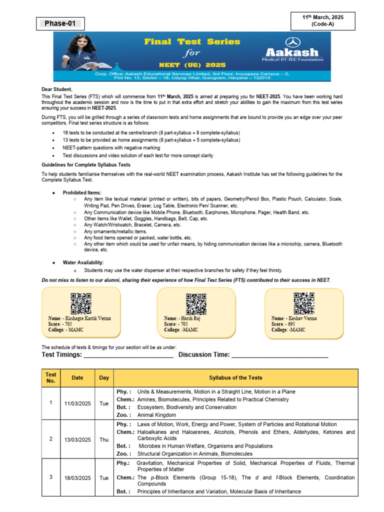 RM-Code A - Offline Exam FTS Test Planner | PDF | Chemistry | Atoms