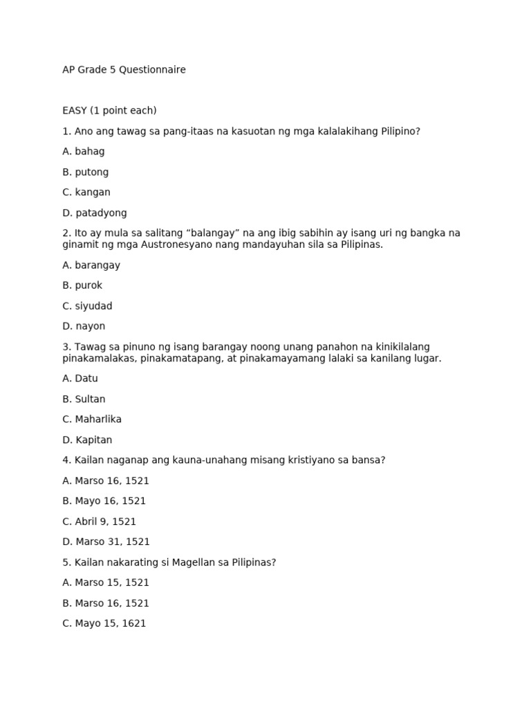 AP Grade 5 Questionnaire | PDF